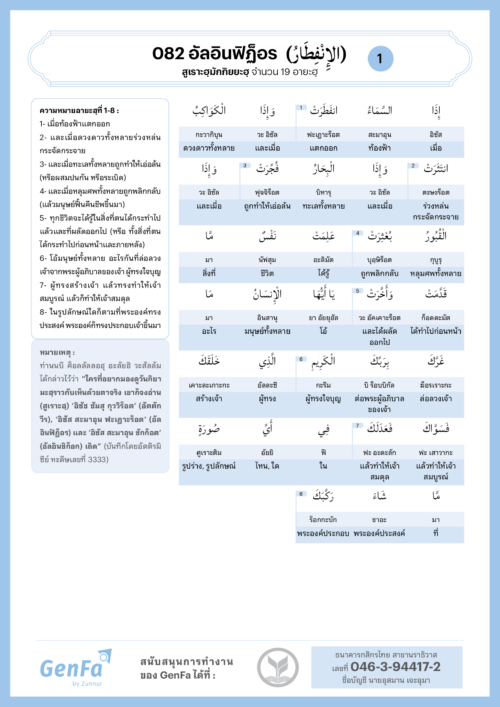 อัลกุรอานคำต่อคำ : สูเราะฮฺที่ 82 อัลอินฟิฏ็อร – GenFa