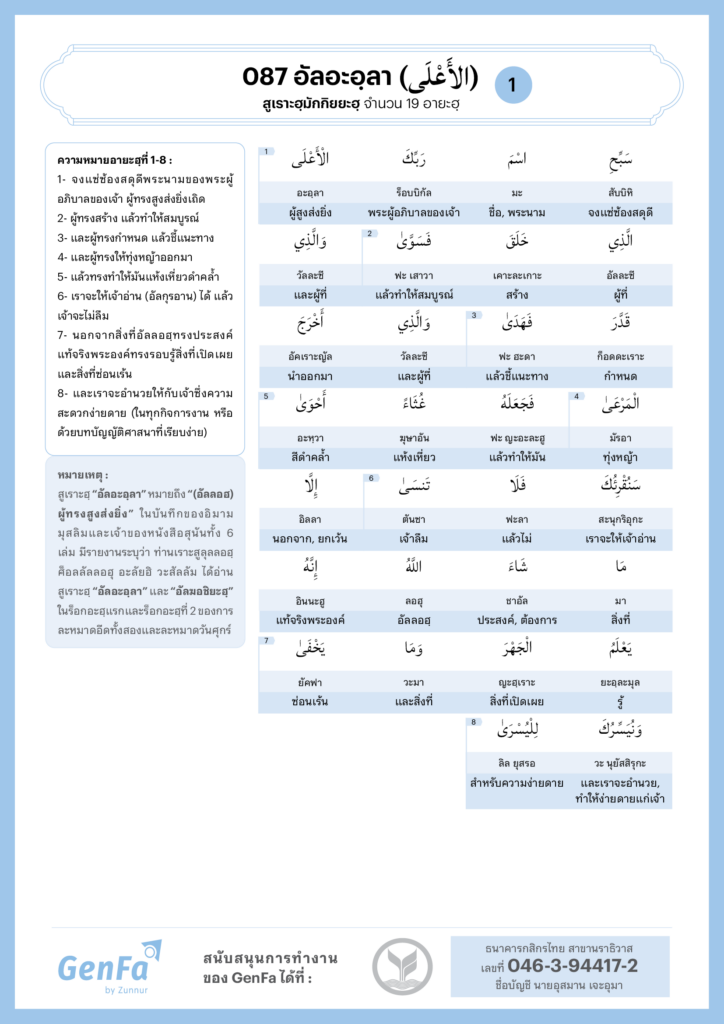 อัลกุรอานคำต่อคำ : สูเราะฮฺที่ 87 อัลอะอฺลา – GenFa