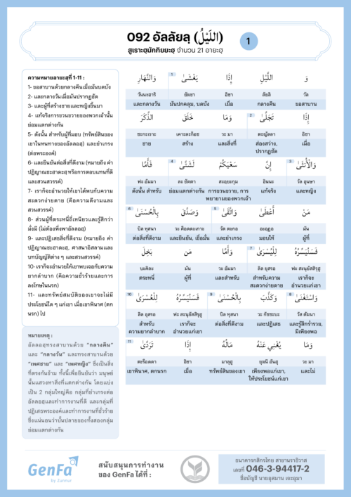 อัลกุรอานคำต่อคำ : สูเราะฮฺที่ 92 อัลลัยลฺ – GenFa