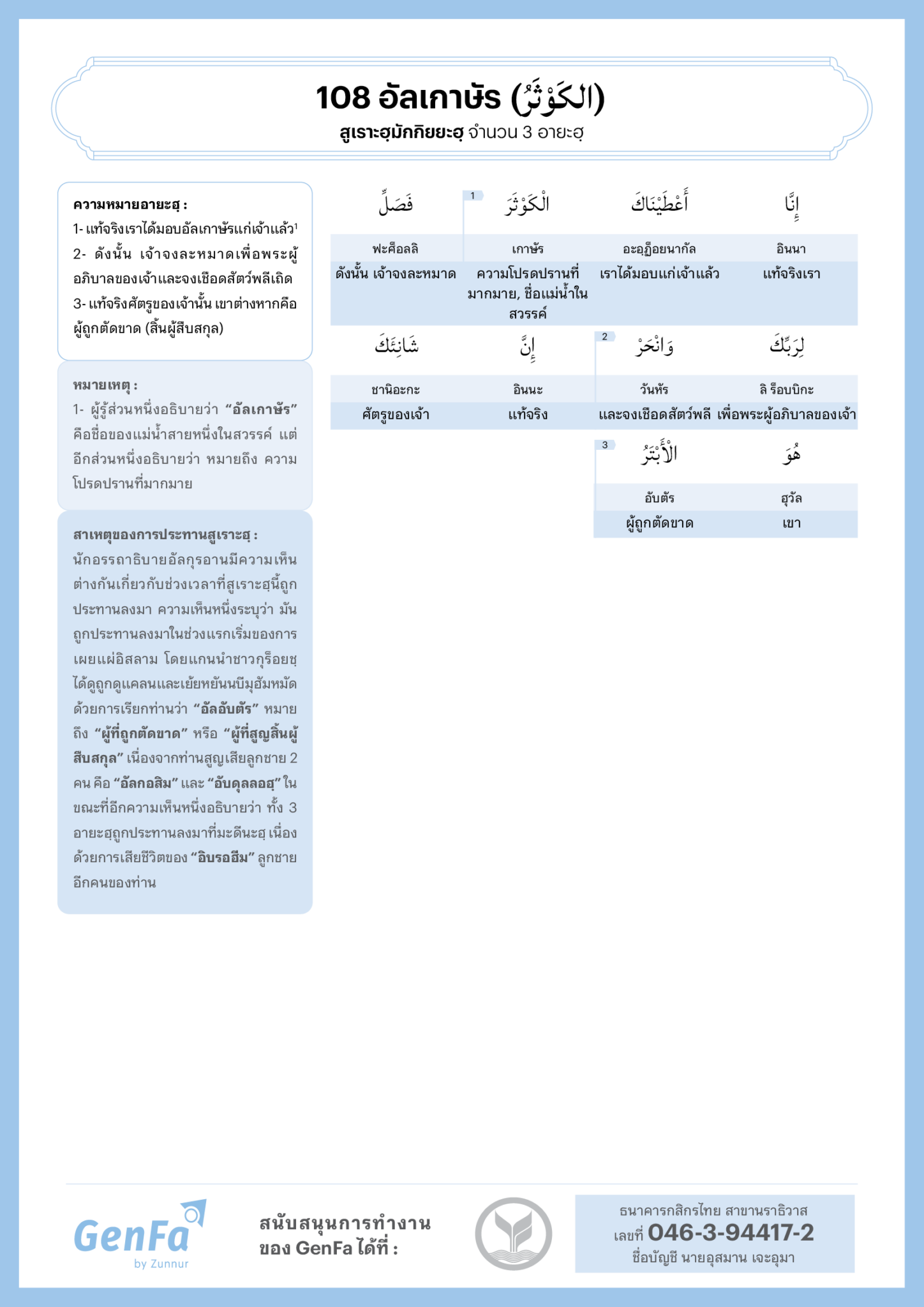 อัลกุรอานคำต่อคำ : สูเราะฮฺที่ 108 อัลเกาษัร – GenFa